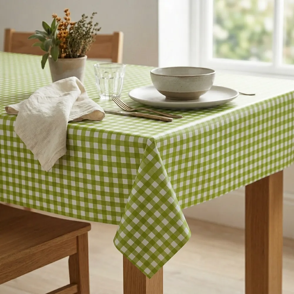 Lime Green Gingham Wipeable Vinyl Tablecloth